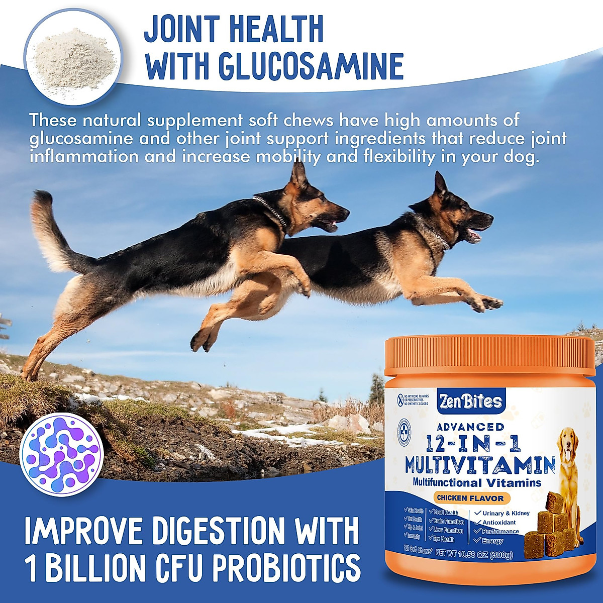 ZenBites 12-in-1 Dog Vitamins & Probiotics 120 Soft Chews - Organic Multivitamin with Glucosamine for Dogs - Joint Support Supplement for Dogs of All Ages,Sizes, & Breeds,Supports Skin,Heart,Immunity