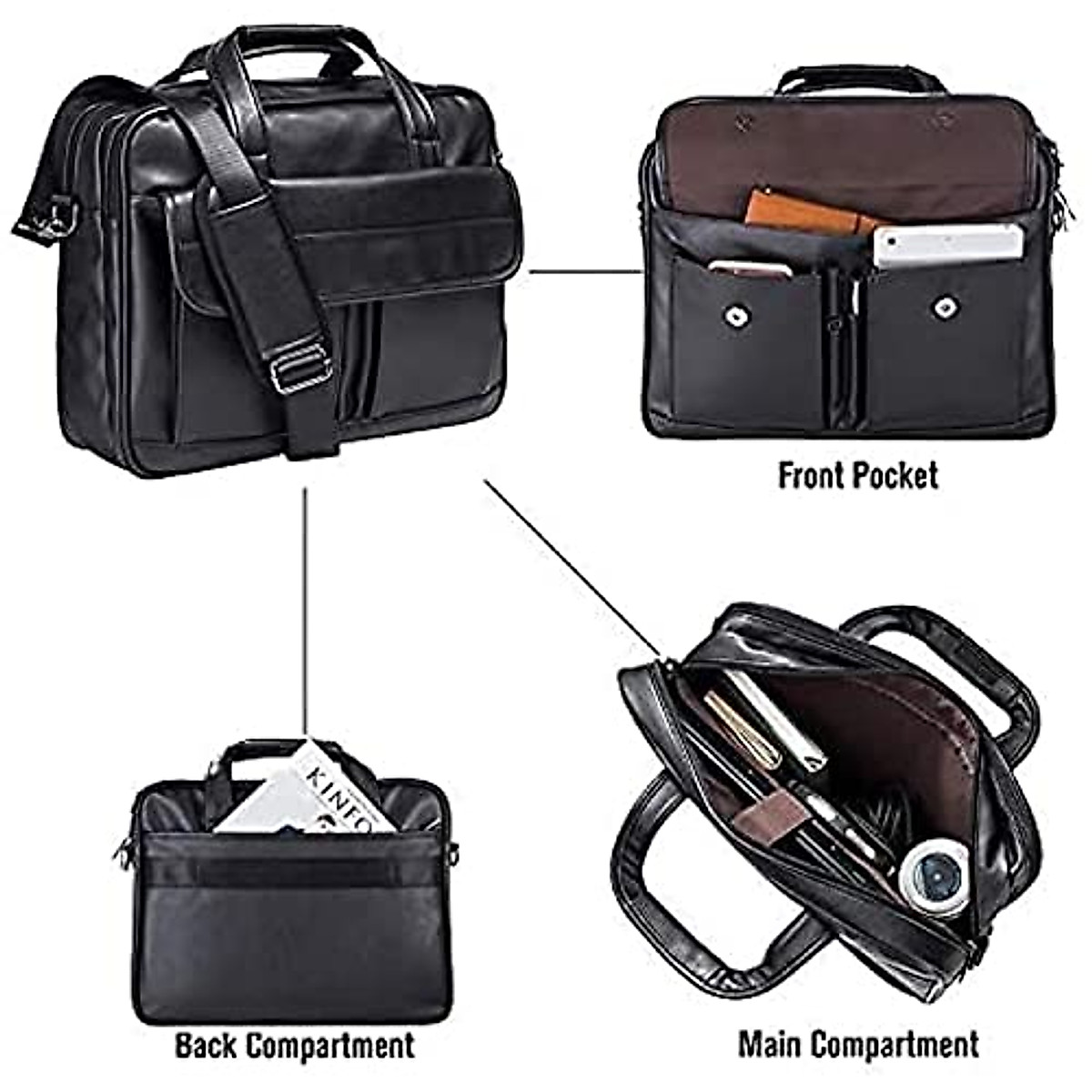 seyfocnia Men's Leather Messenger Bag, 17.3 Inches Laptop Briefcase Business Satchel Computer Handbag Shoulder Bag for Men (Black)