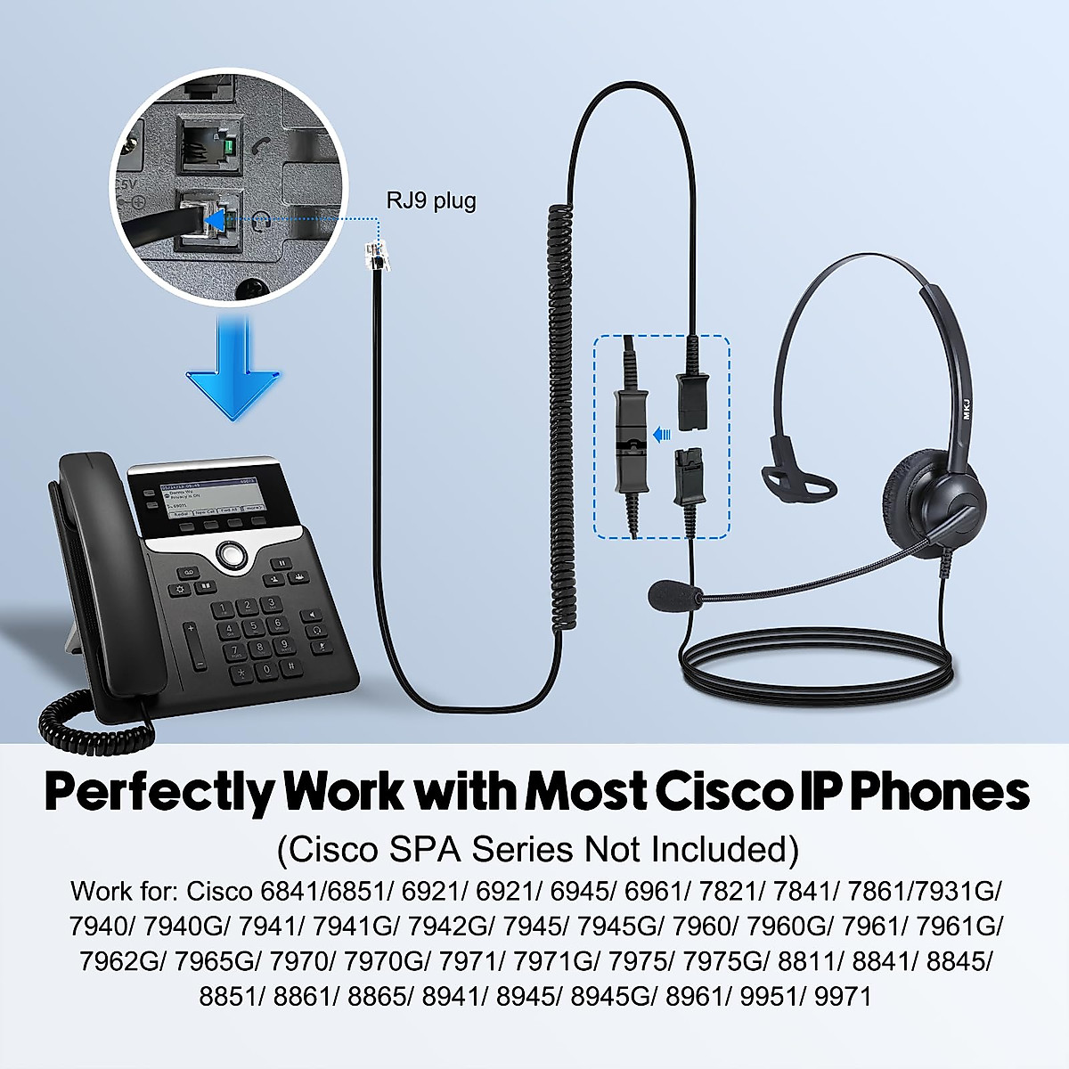 MKJ Cisco Phone Headset with Noise Canceling Microphone Corded RJ9 Call Center Telephone Headset for Cisco Office Landline 6841 CP-7821 7940 7942G 7945G 7961G 7962G 7965G 7971G 7975G 8865 8961 9951
