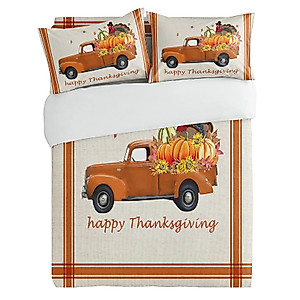 Autumn Orange Truck Queen Duvet Covers Farm Car Thanksgiving Turkey Pumpkins 3-Piece Bedding Sets Luxury Soft Microfiber Bed Comforter Protector with Pillow Cases for Women Men Girl Boy Orange Line
