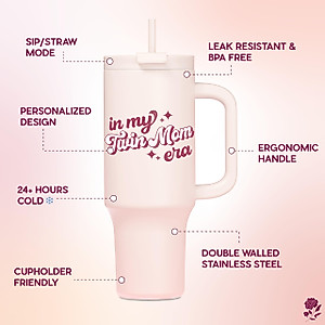 VIOLET & GALE Twin Mom Gifts - Retro Collection - 40oz Insulated Tumbler with Handle, Twin Mama Coffee Mug Water Bottle, In My Era Cup for Mothers Day