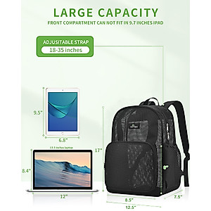 MAY TREE Heavy Duty Mesh Backpack, Semi-Transparent Mesh Backpack, See Through Mesh Backpack for Commuting, Swimming, Travel, Beach, Outdoor Sports (Black)