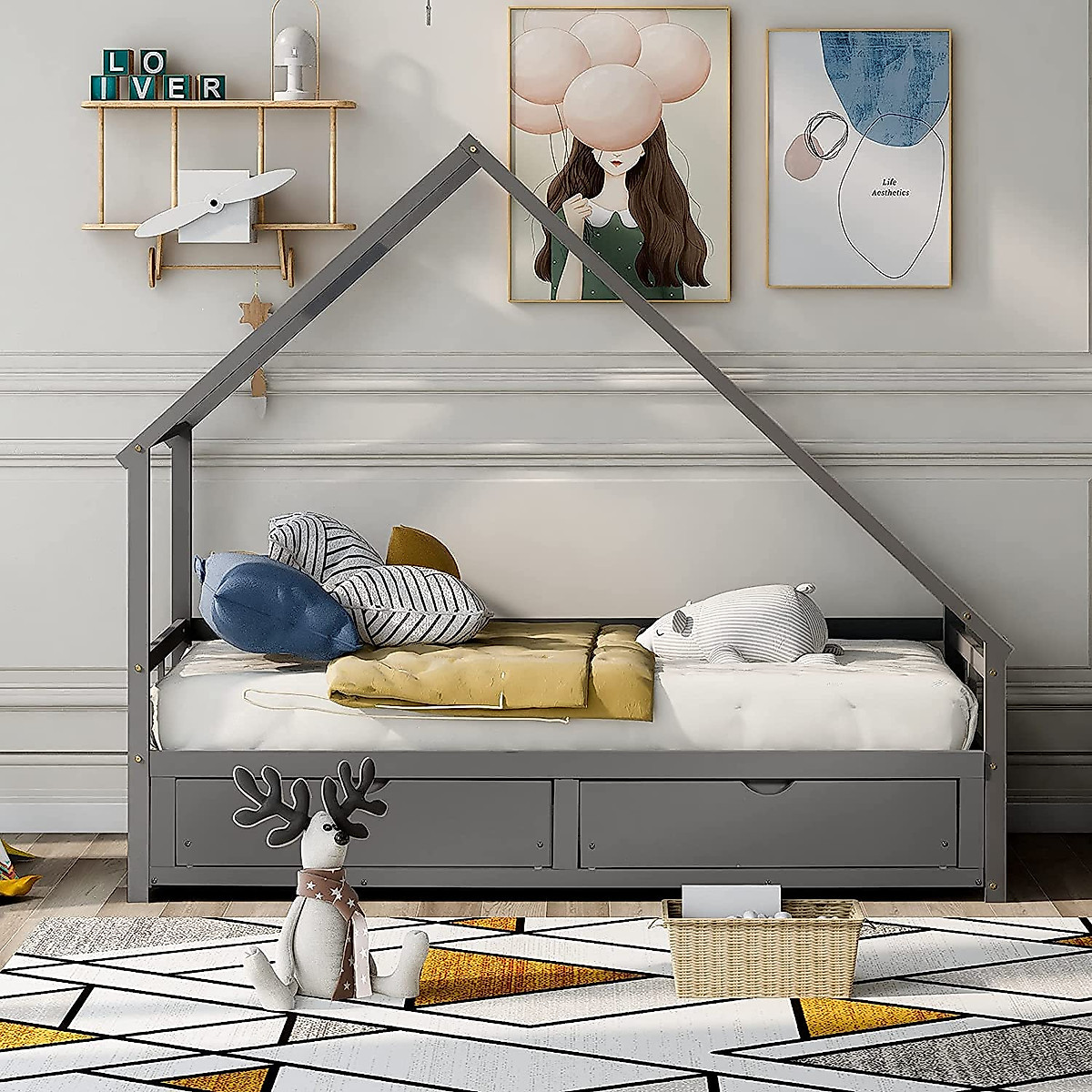 STP-Y Extending Daybed with Trundle Bed and Two Storage Drawers, Twin Size/King Size Solid Wood Daybed Frame, Wooden House Daybed for Teens Girls Boys, No Box Spring Needed, Easy Assembly, Grey