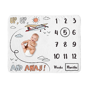 Sweet Jojo Designs Vintage Airplane Boy Milestone Blanket Monthly Newborn First Year Growth Mat Baby Shower Memory Keepsake Gift - Grey Yellow Orange Red White Blue Airplanes Transportation Cloud