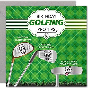 Cult Kitty Birthday Golfing Tips - Funny Golf Birthday Card for Men - Thick, Premium Birthday Card for Men, Great Golf or Golfer Card with Colourful Envelope
