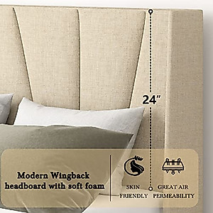 HOOMIC Queen Size Bed Frame with Geometric Wingback Headboard, Wooden Slats Support, No Box Spring Needed, Modern Style, Beige