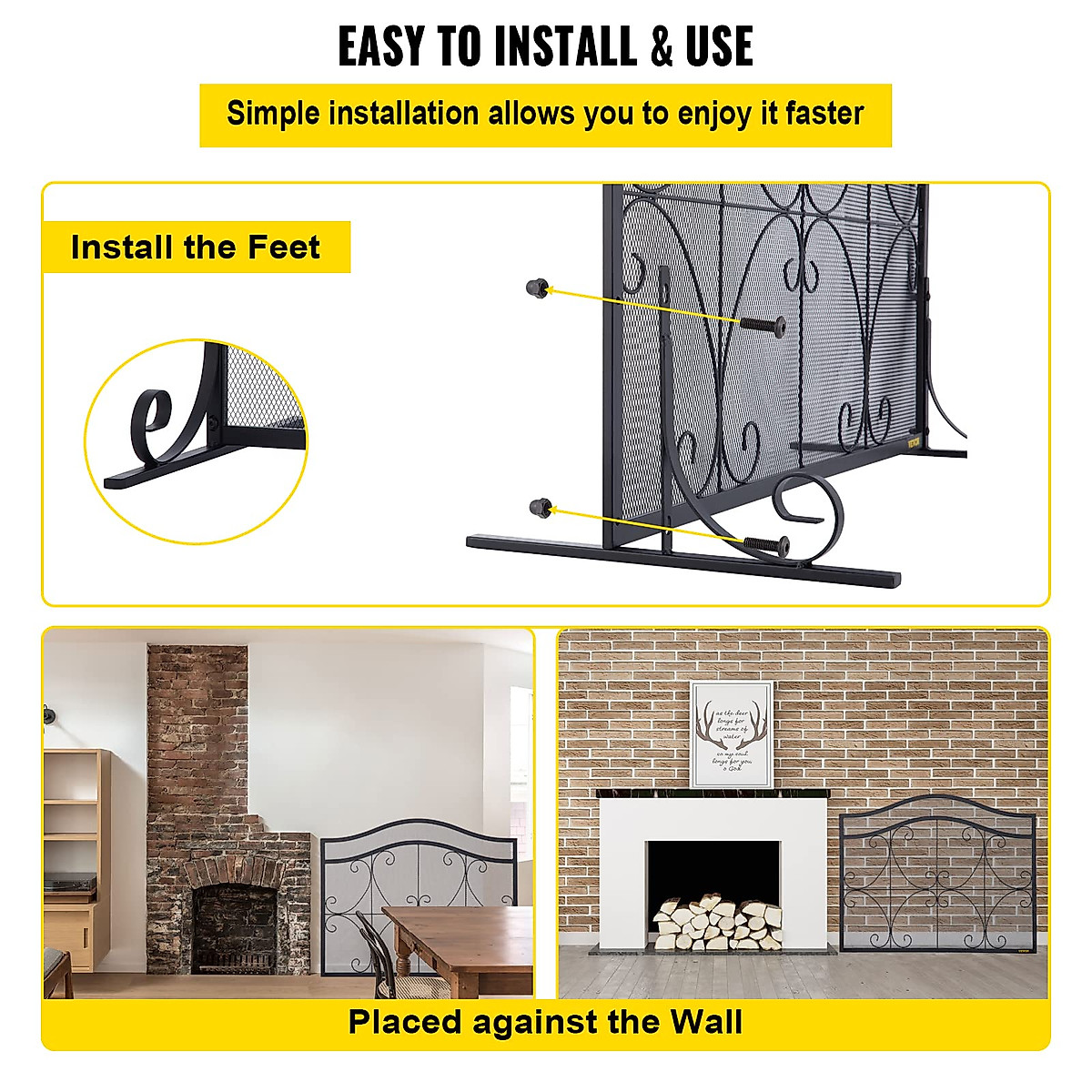 VEVOR Fireplace Screen, 39 x 31 Inch, Double Door Iron Freestanding Spark Guard with Support, Metal Mesh Craft, Broom Tong Shovel Poker Included for Fireplace Decoration & Protection, Black