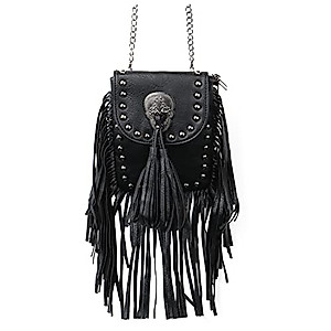Oweisong Leather Skull Fringe Purses for Women Black Tassel Shoulder Crossbody Bag Unique Gothic Punk Satchel Handbag