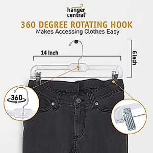 Hanger Central Space Saving Heavy Duty Slim Clear Pants Hangers, Ridged Non-Slip with Adjustable Pinch Clips, 360-Rotating Chrome Swivel Hook, 14 Inch, 25 Pack