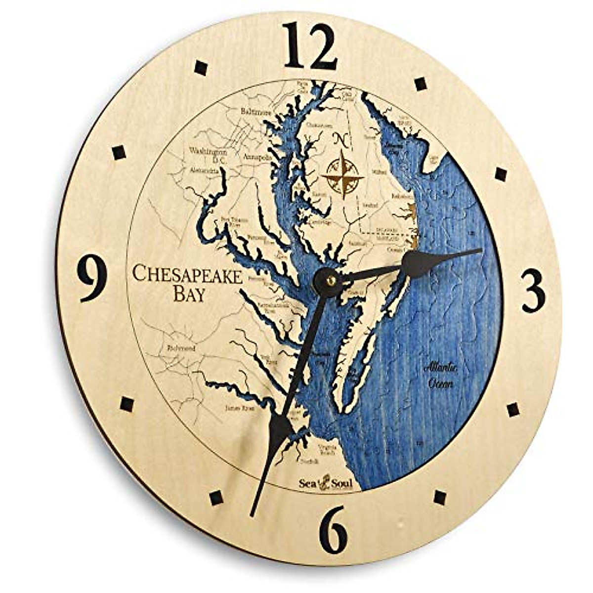 Sea & Soul Chesapeake Bay 3-D Nautical Wood Chart 12" Wall Clock, Handcrafted in The USA, Topographic Water Map Clock, Carved Lake Art Wall Clock, Coastal Décor (Deep Blue)