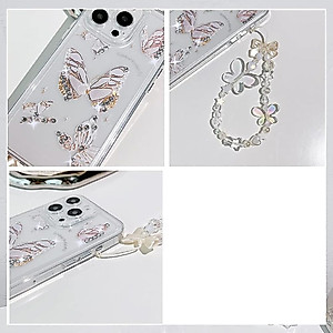 Casechics Compatible with iPhone Case,Luxury Crystal Clear Cute Bling Butterfly Wristband Strap Bracelet Chain Transparent Soft Shockproof Cover Phone Case (White,iPhone 15 Plus)