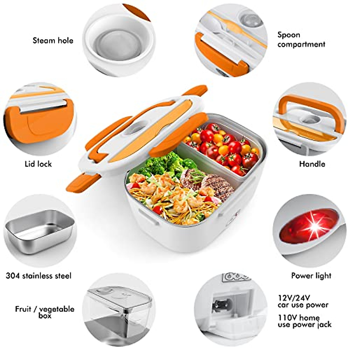 COCOBELA Electric Lunch Box Food Heater, Portable Food Warmer for Car Truck Home Work Adults Food Heating, Leak Proof, 1.5L Removable 304 Stainless Steel Container, 110V/12V/24V