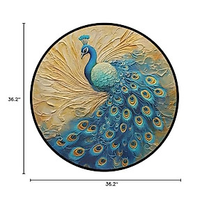 Peacock Pattern Round Area Rug, Animal Painted Non-Slip Circle Rug for Bedroom Living Room Outdoor Study Playing Floor Mat Carpet, 3' Diameter