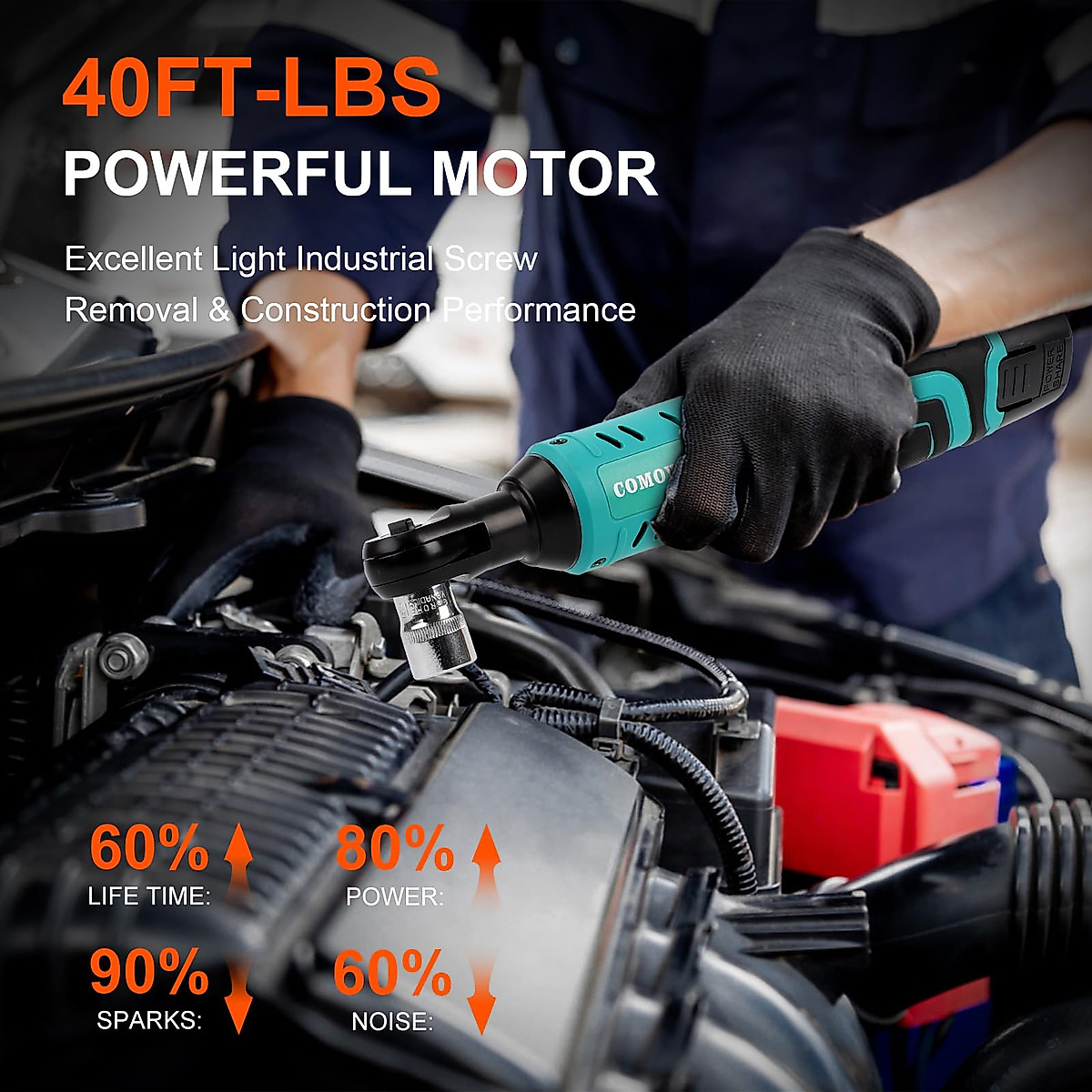COMOWARE 3/8 Cordless Electric Ratchet Wrench Kit, 40ft-lbs Torque, 12V Power, 8 Sockets, LED Light, Fast Charger, Ergonomic Design