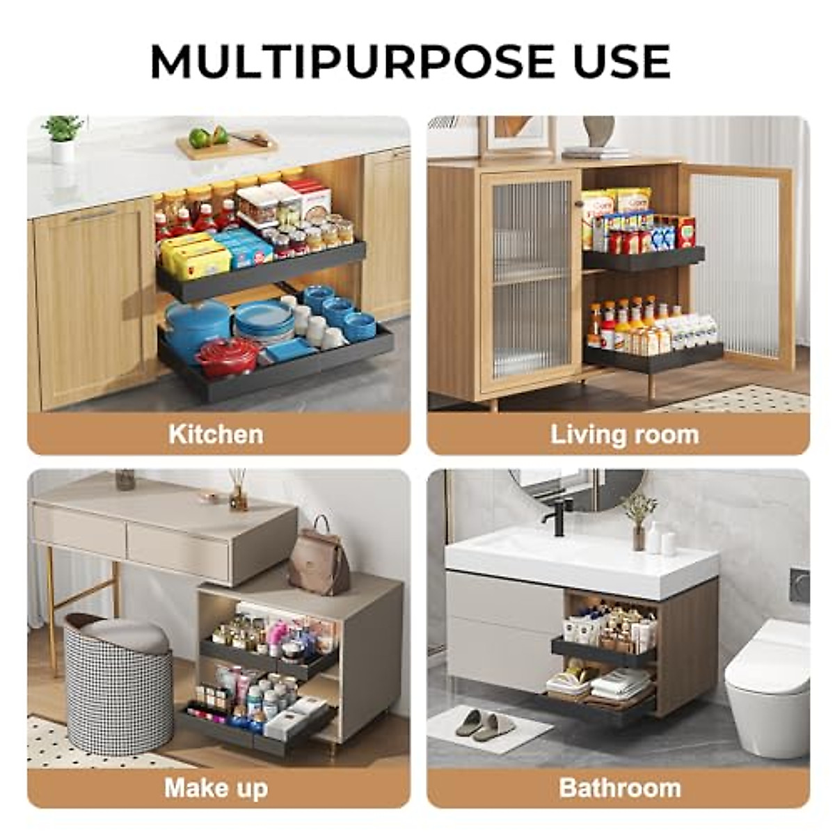 Pull Out Cabinet Organizer, 1PC 21" Deep Expandable (12.2"-20") Heavy Duty Pull Out Drawers for Cabinets Fixed with Adhesive Film, Peel Stick Slide Out Drawers for Kitchen Pantry, No Screw, Black