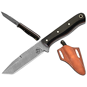 Knives Ranch ECD Fixed Blade Knife, Tanto Point, Damascus Steel, Black Burlap Micarta Handle Fine Quality 45 Degree Sheath Snug Fit (3184-M)