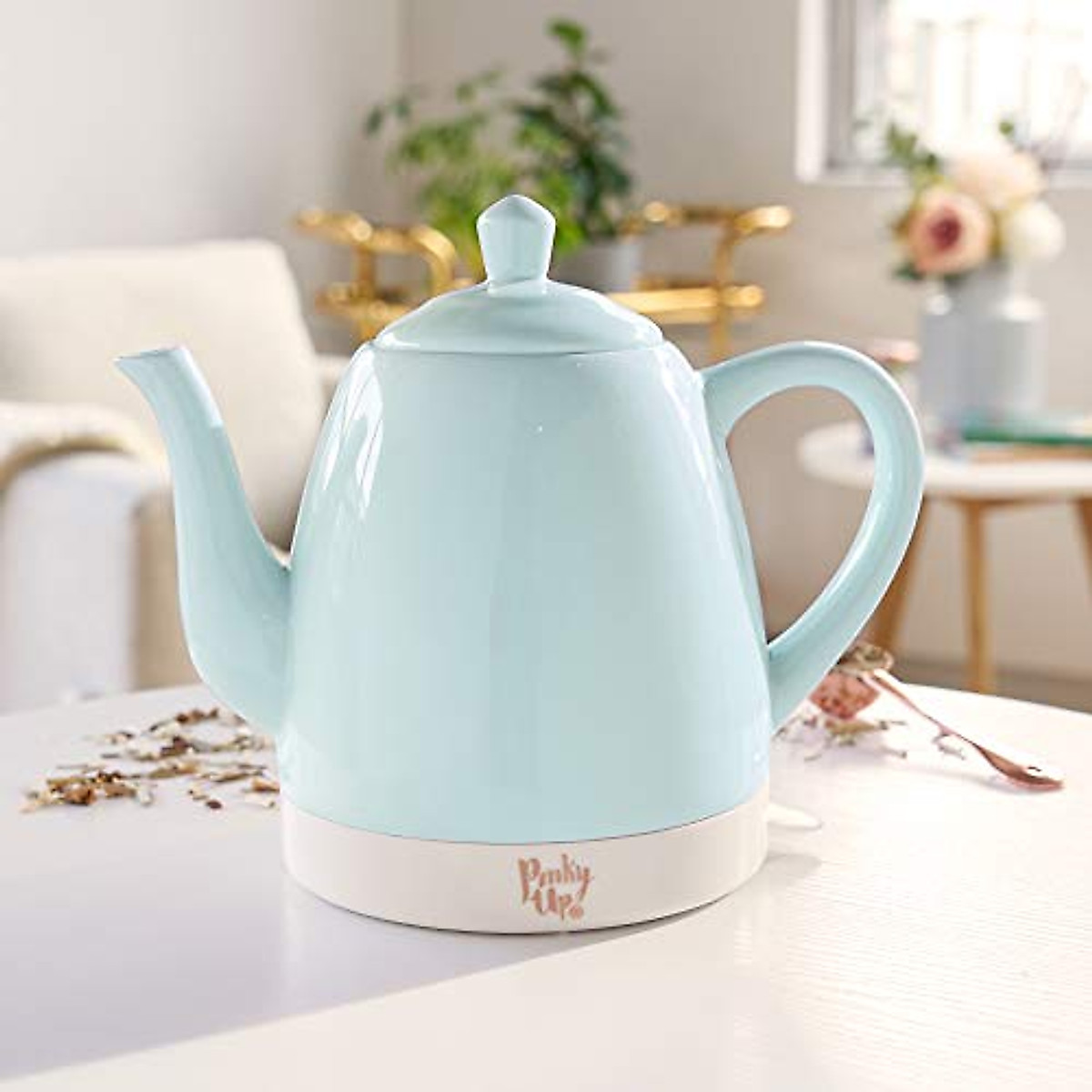 Pinky Up Noelle 1.5 L Ceramic Electric Tea Kettle, Mint, Rose Gold, Gooseneck Spout, Cordless Design