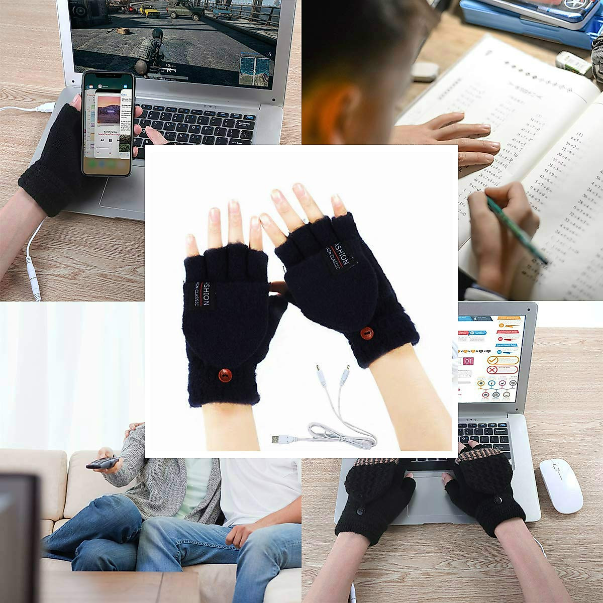Women's & Men's USB Heated Gloves Knitting Hands Full & Half Heated Fingerless Heating Warmer with Button Washable Design, Mitten Winter Hands Warm Laptop Gloves (Black)