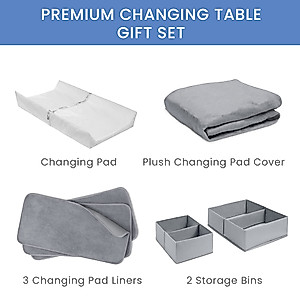 Delta Children 7-Piece Essential Changing Table Set - Newborn Baby Gift Set for Boys and Girls – Set Includes Changing Pad, Plush Changing Pad Cover, 3 Changing Pad Liners and 2 Storage Bins, Grey