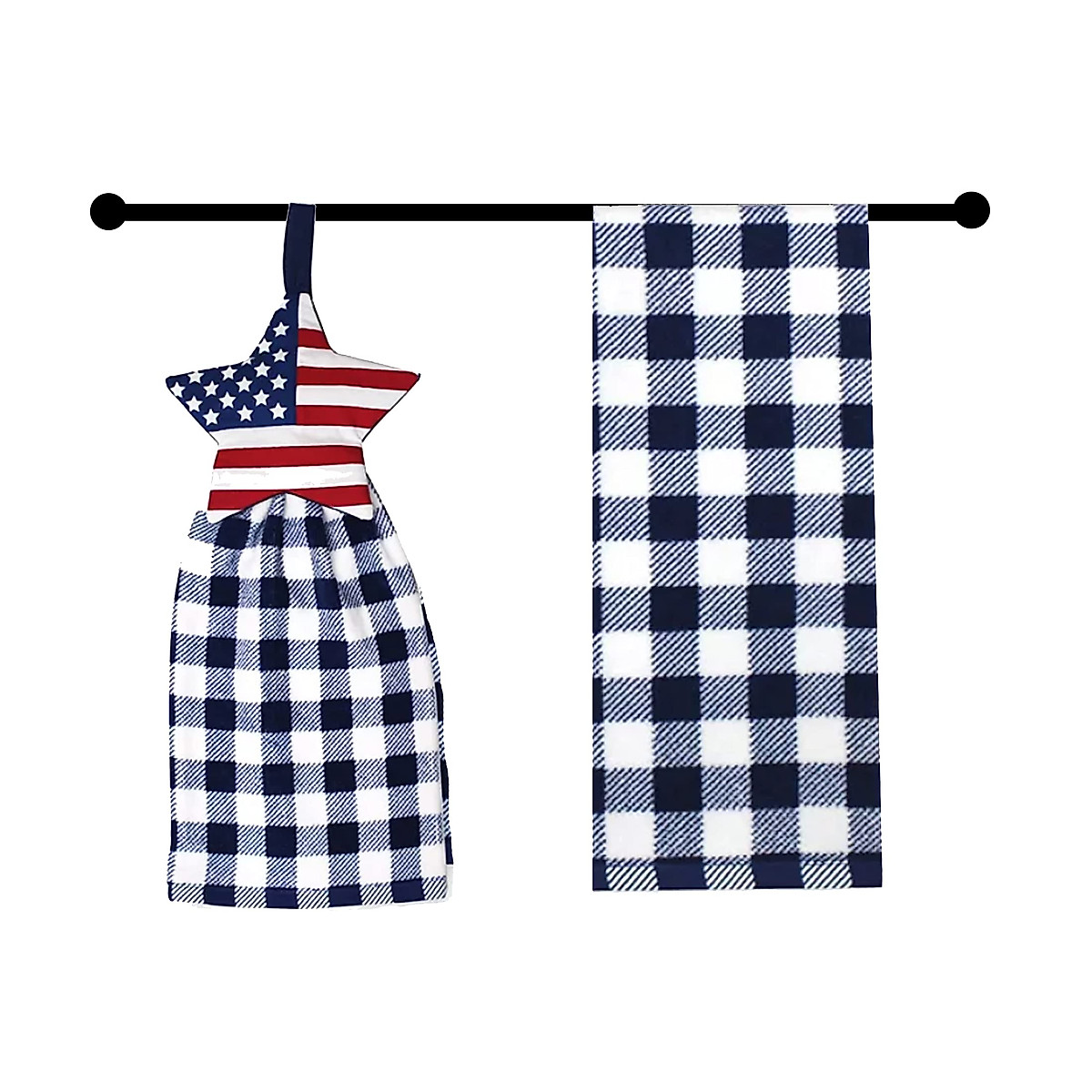 Celebrate Patriotic Kitchen Towels, Set of 2 Coordinating Cotton Terry Dishtowels, Red, White, Blue Flag Star Tie Top and Blue White Buffalo Plaid for 4th of July, Memorial or Labor Day