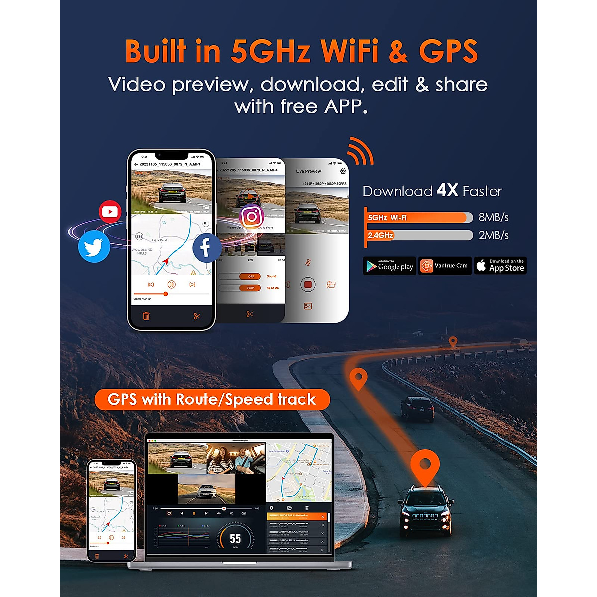 [ Bundle-3 Items: Vantrue E3 Dash Cam + 512GB SD Card + Hardwire Kit ] 3 Channel Dash Cam Front and Rear Inside, 3 Way Triple WiFi GPS Dash Camera 2.7K 1944P+1080P+1080P with STARVIS IR Night Vision