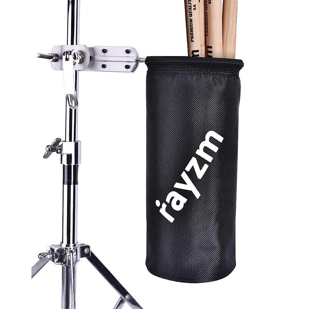 Rayzm Drum Stick Bag Holder, Nylon Mallet/Brush/Beater Stick Holder with Aluminum Clamp for Drum Kit & Music Stand (1.5-3cm Diameter Pole), UP to 12 Pairs of Sticks
