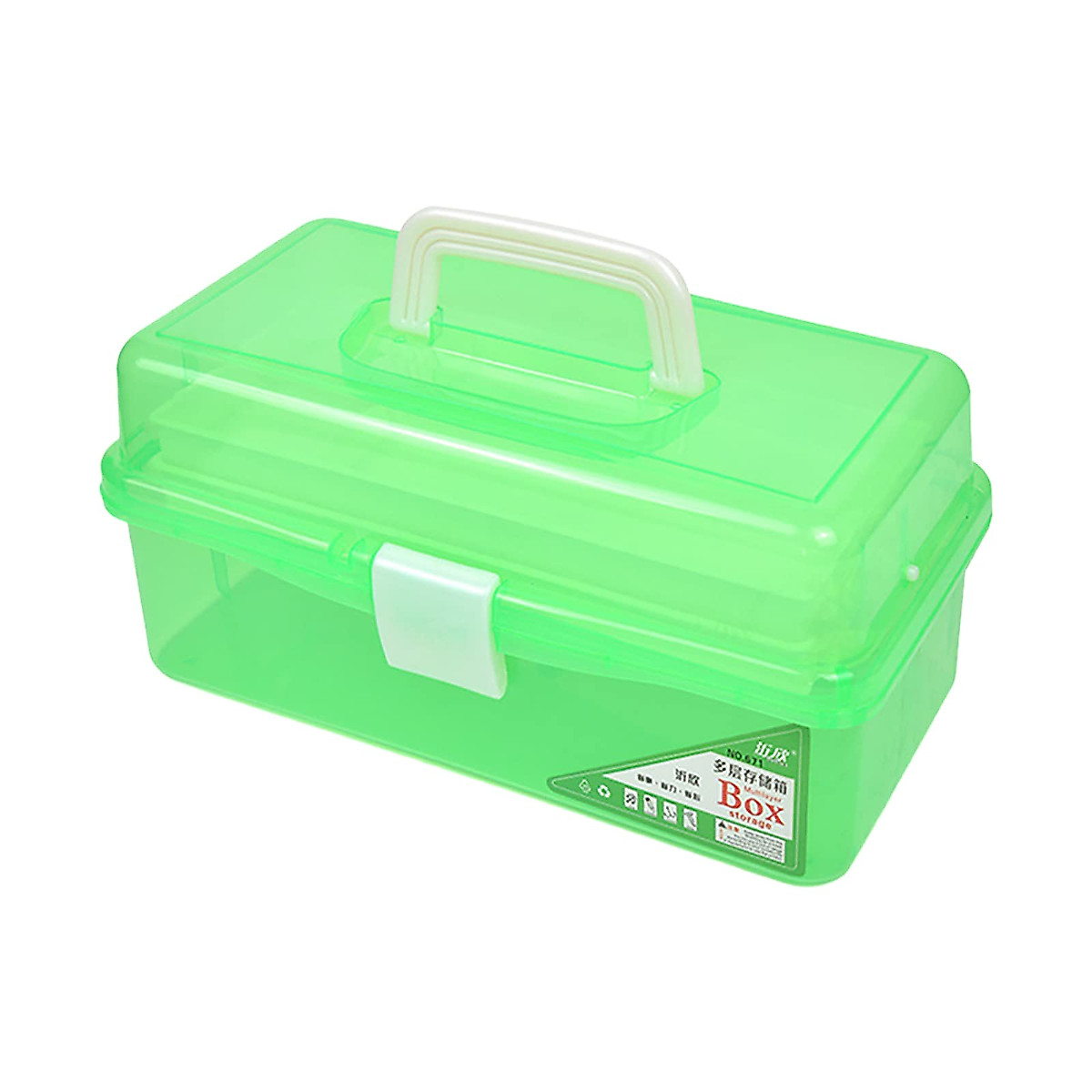 Zhousensen 13in Three-Layer Clear Art Storage Box Craft Organizer, Folding Tool Box with Handle, Art & Crafts Case/Sewing Supplies Organizer for Home School Office Travel (Green)