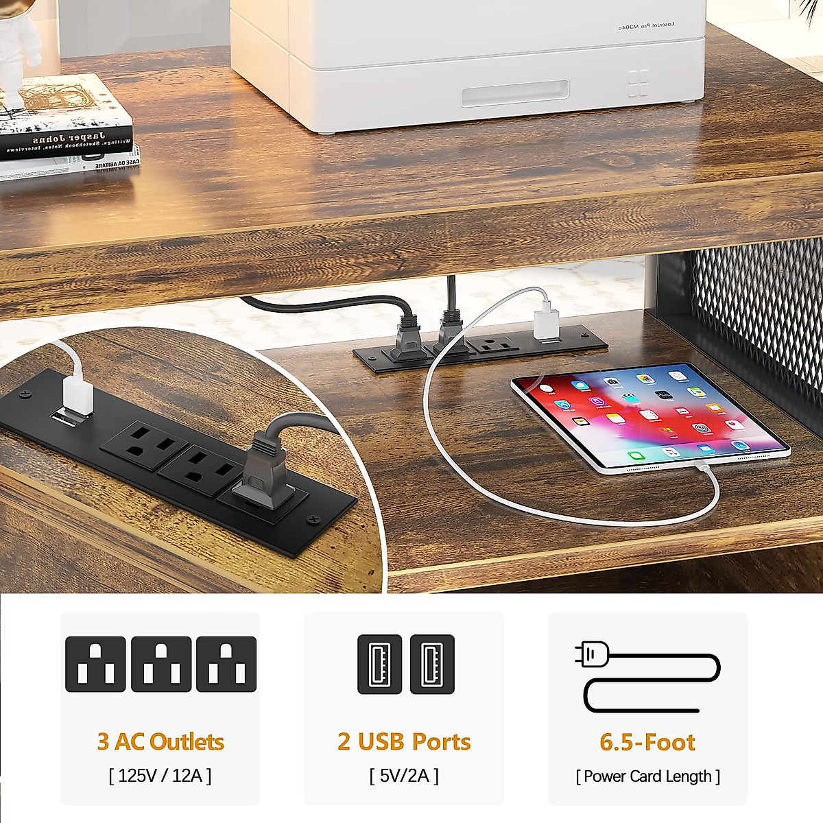 Unikito Lateral File Cabinet, Locking Office Filing Cabinets with Socket and USB Charging Port, Modern Rolling Printer Stand with Storage for A4, Letter Size and File Folders, Rustic Brown