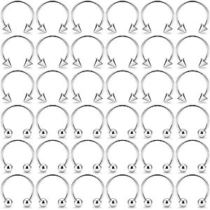 Ftovosyo 36PCS 20G Nose Hoop Rings Surgical Steel Septum Ring Tragus Cartilage Helix Hoop Earrings Lip Horseshoe Barbell Piercing Jewelry for Women Men Silver-tone with Ball Spike 8mm