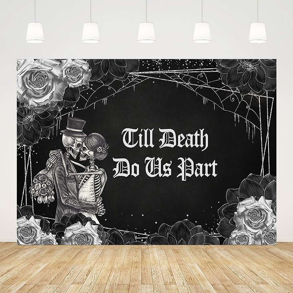 AIBIIN 7x5ft Halloween Till Death Do Us Part Backdrop Spooky Skull Gothic Wedding Party Decorations Supplies Bridal Shower Bride and Groom Mr and Mrs Anniversary Party Banner Photo Shoot Props