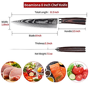 BOAMLONA 8 inch Chef Knife, Damascus Japanese Chef Knife with Japanese VG10 Steel Core, Pakkawood Handle, Ultra Sharp Professional Kitchen Knife with Sheath and Gift Box