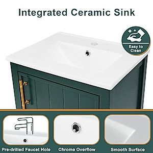 20" Freestanding Bathroom Vanity with Ceramic Sink, Wood Bathroom Storage Cabinet with Soft Closing Door, Storage Rack and Open Shelf Bathroom Vanity Sink Combo for Small Space, Green