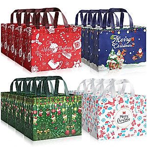 Christmas Gift Bags 16 packs, Christmas Tote Bags Medium Size Holiday Gift Bags with Handle, Reusable Non-Woven Shopping Bags for Xmas Gifts Wrapping Party Supplies Open Size 12.4*9.84*6.69 in