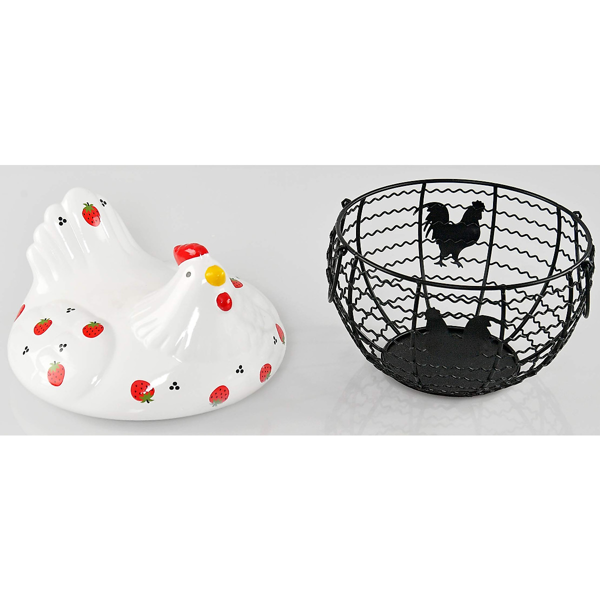 HOME-X Chicken Egg Basket for Egg Storage, Ceramic and Iron Decorative Basket with Chicken Design, Farmhouse Kitchen Decor, Holds 20–25 Eggs, Strawberry Print