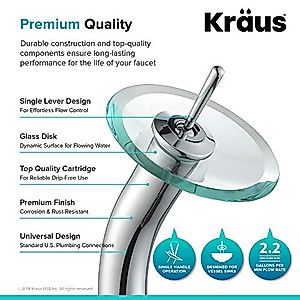 Kraus KGW-1700CH-CL Single Lever Vessel Glass Waterfall Bathroom Faucet Chrome with Clear Glass Disk