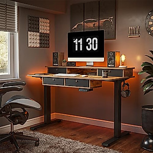 FEZIBO Height Adjustable Electric Standing Desk with 4 Drawers, 55 x 24 Inch Table with Storage Shelf, Sit Stand Desk with Splice Board, Black Frame/Rustic Brown Top, 55 inch
