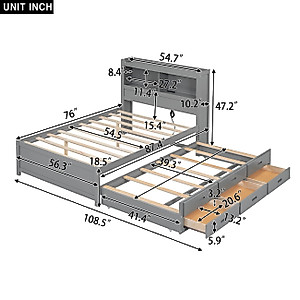 DNChuan Full Size Captain Bed with Trundle and Drawers,Platform Bed with Bookcase Headboard and USB Plugs,Solid Pine Frame-Gray