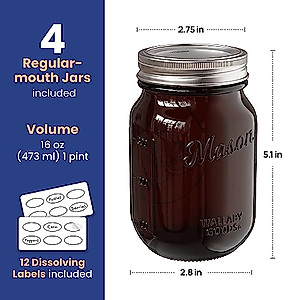Wallaby 16oz Regular Mouth Amber Mason UV-Blocking Jars with Lid & Seal Bands - Airtight Glass Container for Canning, Pickling, Food Storage, Candles, Overnight Oats, Fruit, Jam, Jelly or DIY (4-Pack)