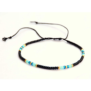 Anklet for Women, Unique Beaded Thin Anklet, Black Gold Colorful Boho Hippie Waterproof Beach Foot Jewelry, Native American Style, Handmade by Tribes (S-M (adjustable))