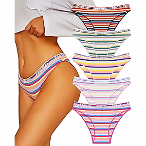FINETOO Cotton Underwear for Women Cheeky High Cut Colorful Stripes Sexy Ladies Hipster Bikini Panties Pack S-XL