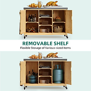 YITAHOME XL Solid Wood Outdoor Table and Storage Cabinet, 59.64’’L x 23.62’’W Movable Grill Table with Stainless Steel Top, Side Handle, Spice Rack for Outside, Patio Bar, Outdoor Kitchen Island