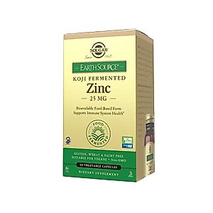 Solgar Earth Source Food Fermented Koji Zinc 25mg, 60 Vegetable Capsules - Higher-Absorption, Bioavailable Zinc for Immune & Skin Health - Non-GMO, Vegan, Gluten Free, Dairy Free, Kosher - 60 Servings