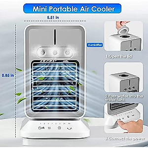 Portable Air Conditioner, 4 IN 1 Evaporative Air Cooler, Personal Mini Air Cooler with 3 Wind Speeds and 3 Cool Mist & 2-4H Timer, 90°Rotation Desktop Cooling Fan for for Home Room Camping Car Office