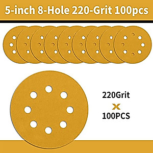 Keeimp 100 Pcs 5 Inch Sanding Discs Hook and Loop, 220 Grit Sandpaper for Woodworking or Automotive, 8 Hole Gold Premium Dustless Random Orbit Sandpaper