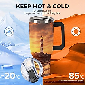 STVNKML 40 Oz Tumbler with Handle Sea Lighthouse in Sunset Stainless Steel Coffee Mug Reusable Travel Mug Leak-proof Insulated Car Cup Large Capacity Tumbler for Travel, Outdoor, Home Use (Black)