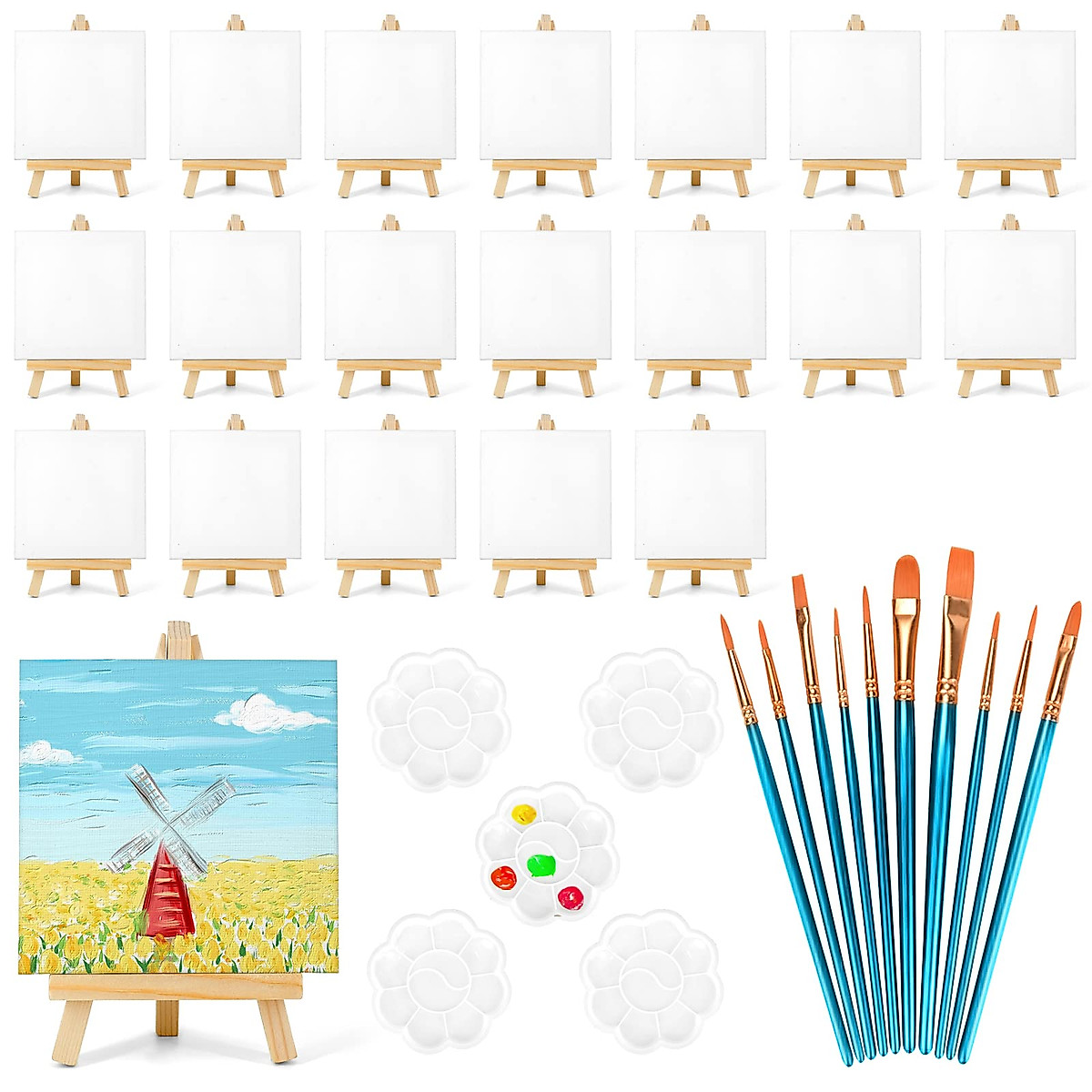20 Pack 4x4 in Mini Canvases, Small Painting Canvas Panel with Mini Easel, Art Canvas Painting Kit with 10 Brushes & 5 Paint Tray for Kids Teenagers Acrylic Pouring Oil Water Color Gift…