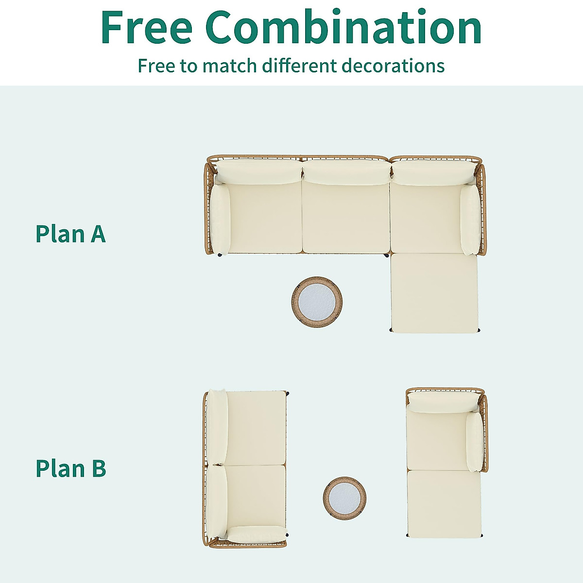 YITAHOME 3 Pieces Patio Furniture Set, Outdoor Wicker Conversation Sectional L-Shaped Sofa with 4 Seater for Backyard, Porch, Boho Detachable Lounger with Cushions and Coffee Table - Beige