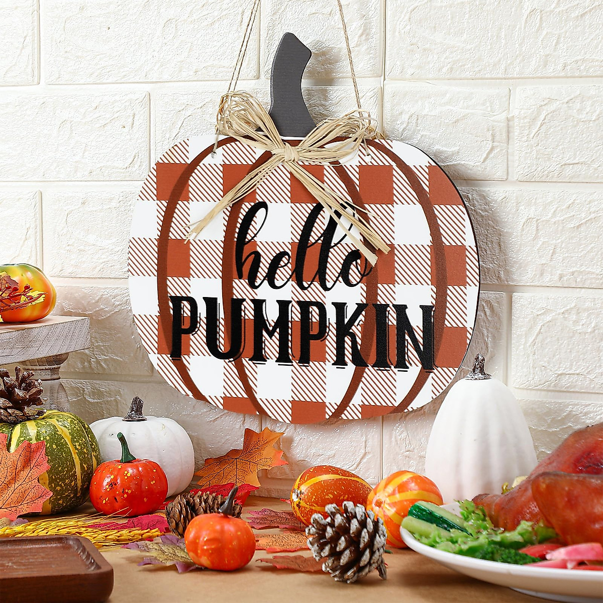 Tradder Fall Welcome Sign Thanksgiving Fall Pumpkin Sign with Bow Fall Wall Hanging Sign Rustic Wood Door Sign Double Sided Printing Pumpkin Farmhouse Door Hanger for Home Decoration (Rustic Style)