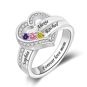 MissNaNa Lady's Gift Custom Mother Birthstone Rings with 1-8 Names Personalized Family Ring Engraved Heart Rings for Women Grandma Wife (3 Stones)
