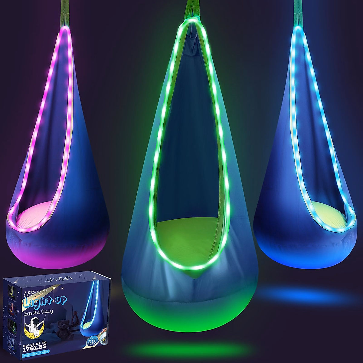 LFSMVT Light Up Kids Pod Swing Seat, Upgraded Kids Hanging Hammock Swing with LED Lights, Cotton Sensory Pod Swing Chair with Inflatable Pillow, Pod Swing for Kids Indoor & Outdoor (1 PCS) (Blue)